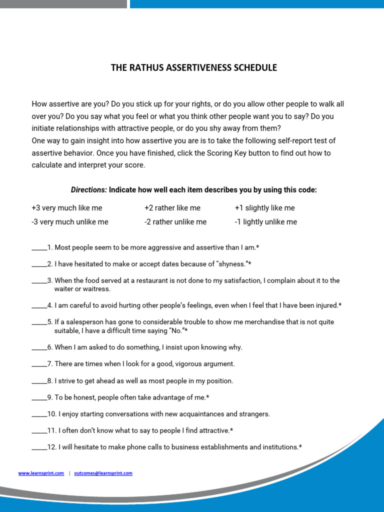 Rathus Assertiveness Scale | PDF | Shyness | Psychological Concepts