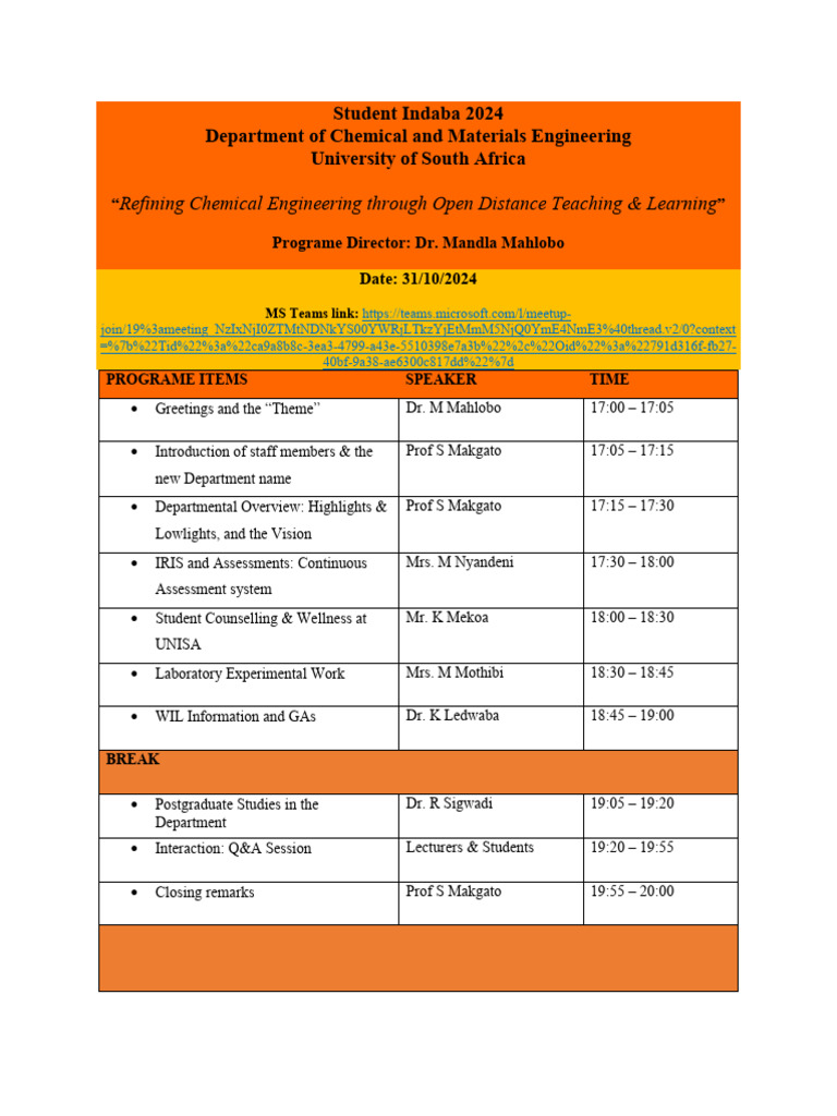 Student Indaba Programme 2024 - Chemical and Materials Engineering | PDF