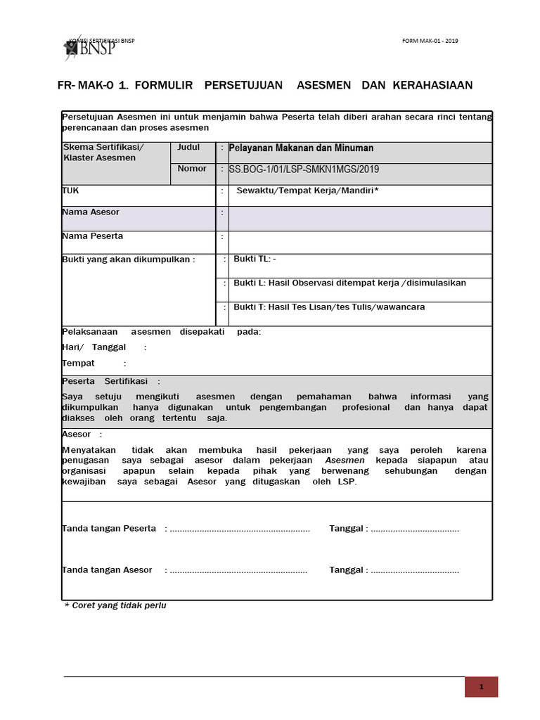 FORM MAK 01-2019 Pelayanan Makanan Dan Minuman | PDF | Karier ...