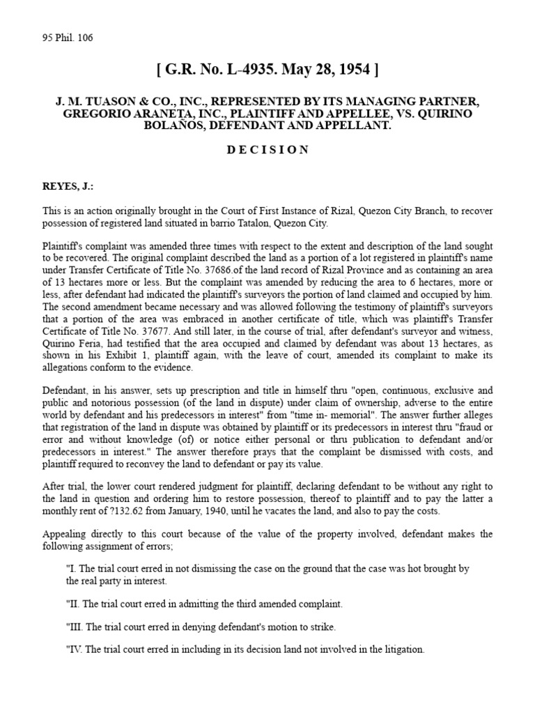 5 Tuason v. Bolaños, G.R. No. L 4935, May 28, 1954 | PDF | Pleading ...