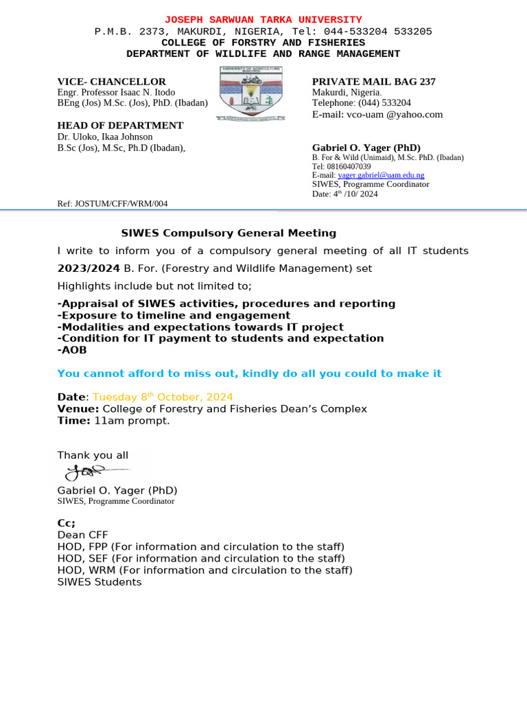 Notice of SIWES General Meeting 1 | PDF