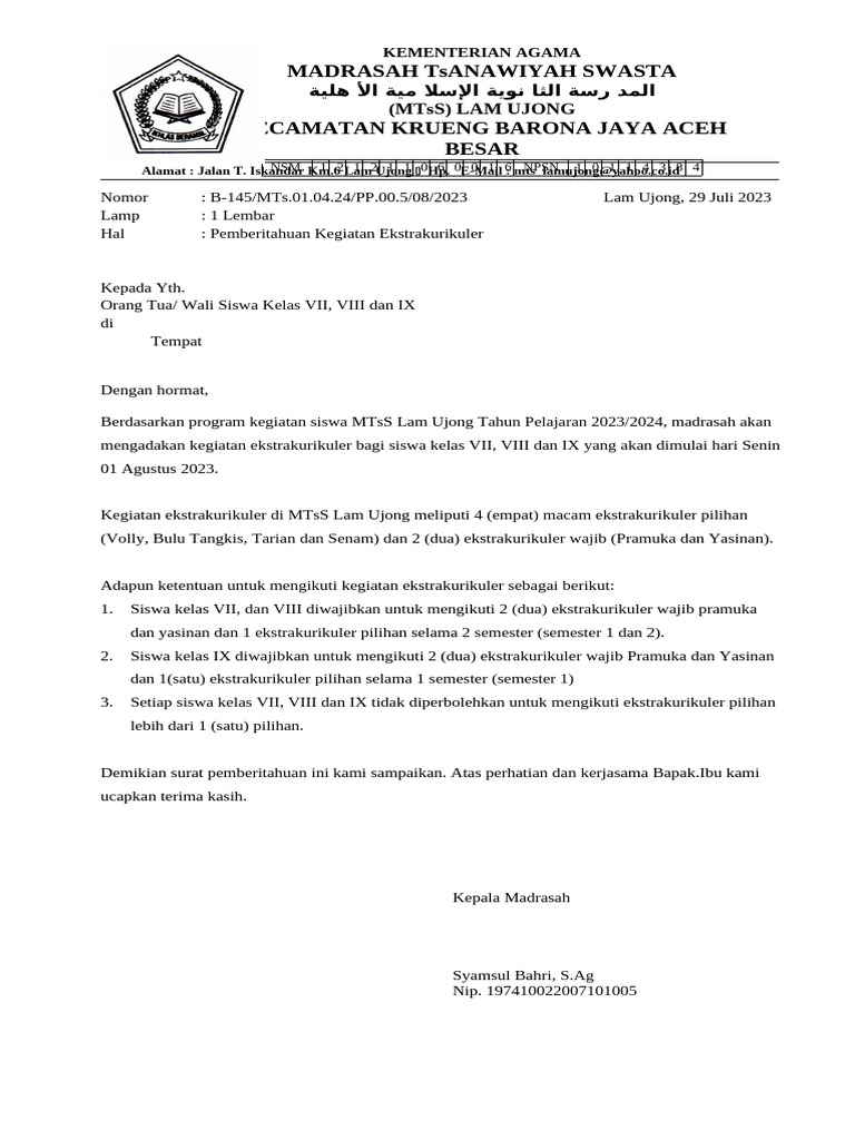 SURAT Pemberitahuan Kegiatan Ekstrakurikuler | PDF