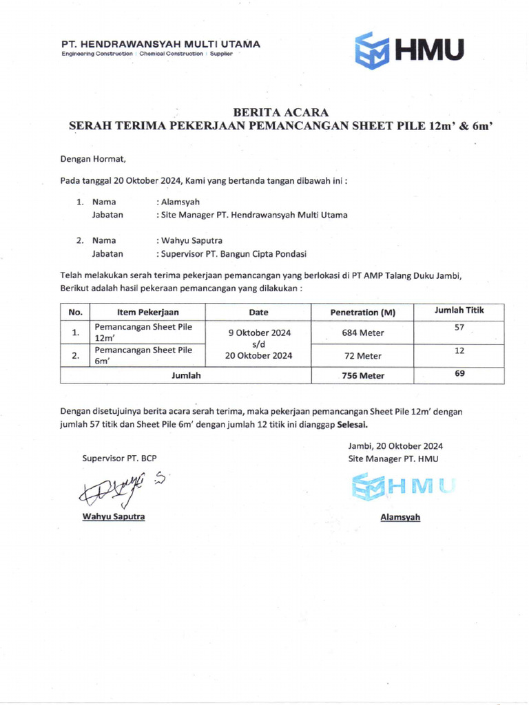 BA - Serah Terima Pancang Pek. Pemancangan Sheet Pile 12m Dan 6m - PT BCP - Tahap 1 | PDF