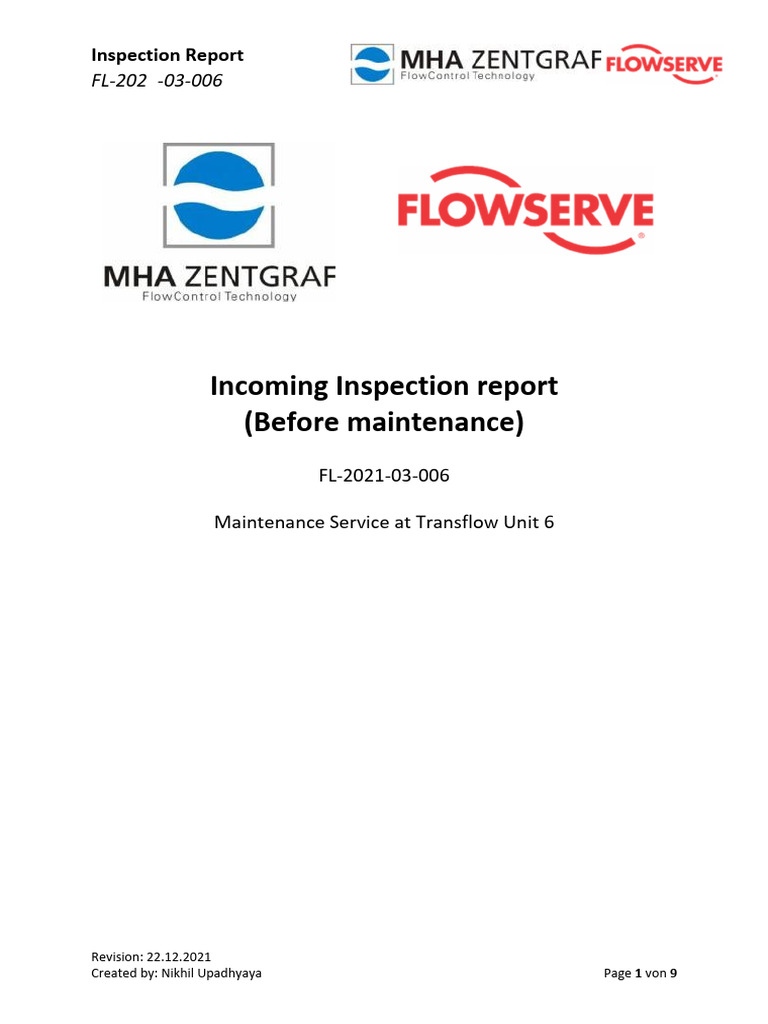 Incoming Inspection Report Transflow 6 | PDF | Valve