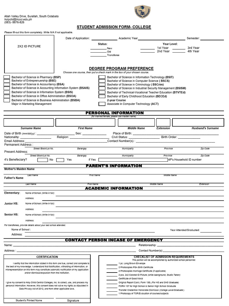 Holy Child SHS Entrance Application 2025-2026 | PDF