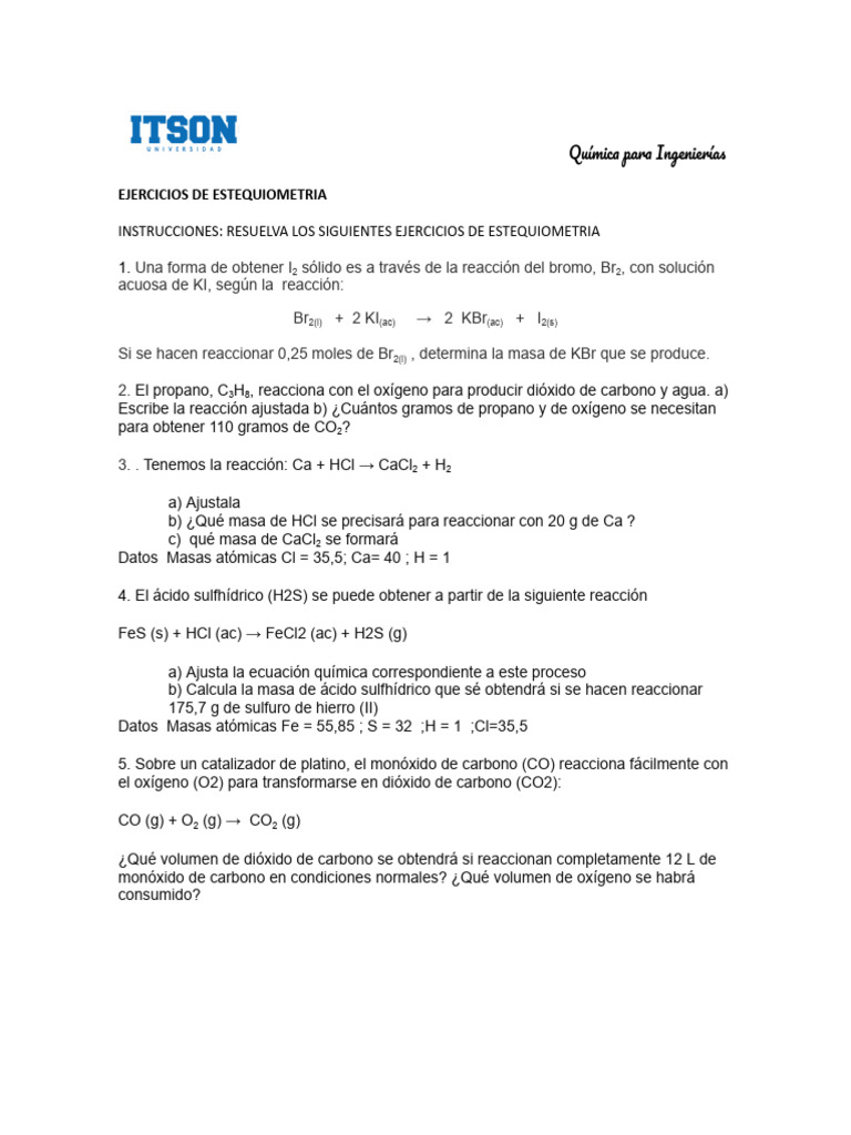 Iq-Ejercicios de Estequiometria | PDF
