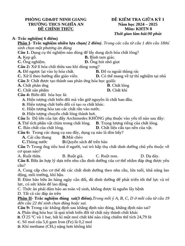 Đề GKI - KHTN8 (Nghĩa An) | PDF