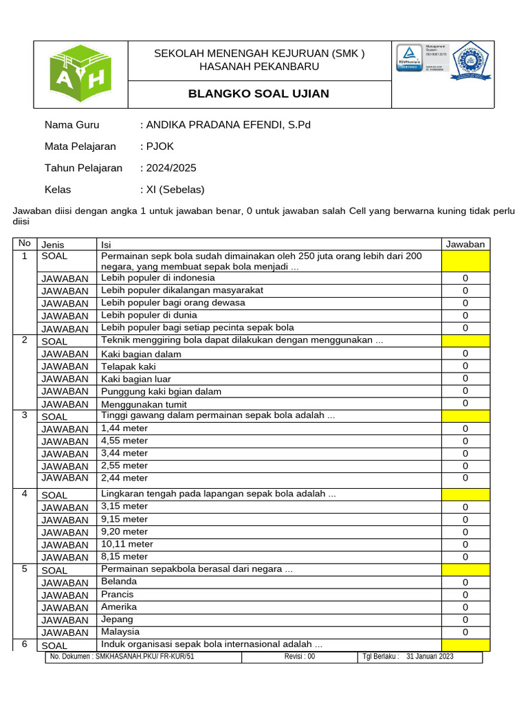 Blangko Soal Ujian Kelas Xi | PDF