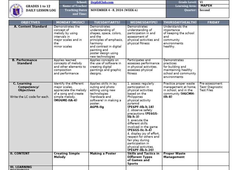 DLL - MAPEH 6 - Q2 - W6 v2 | PDF