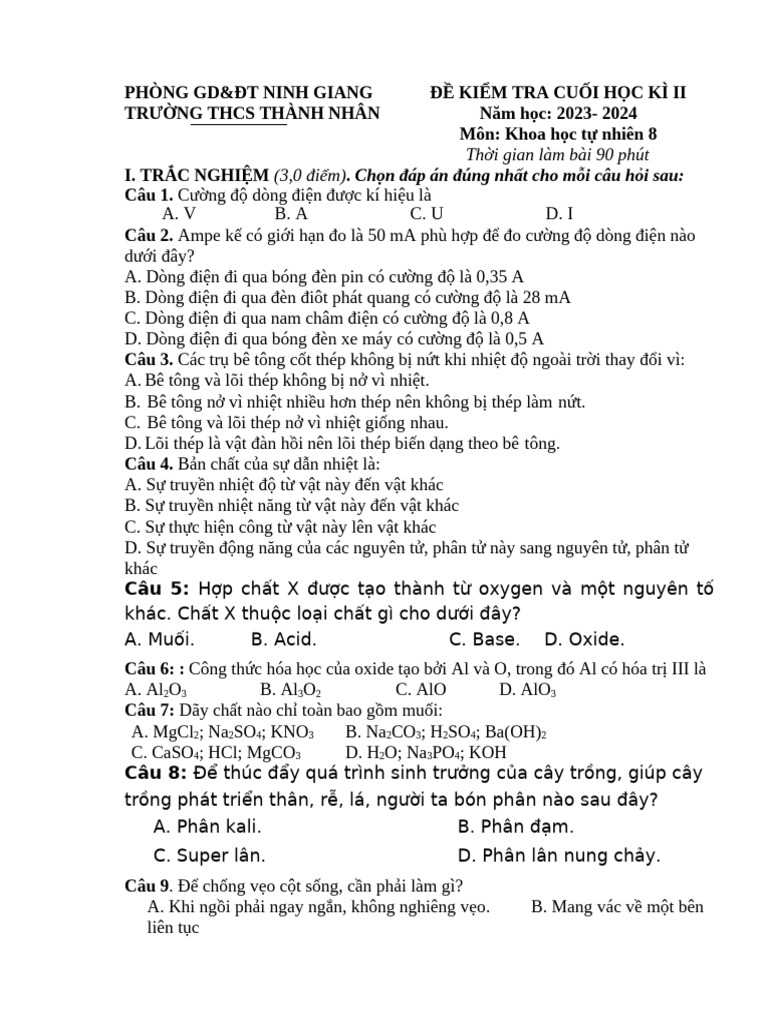 Đề CK 2 - KHTN 8 - Thành Nhân | PDF