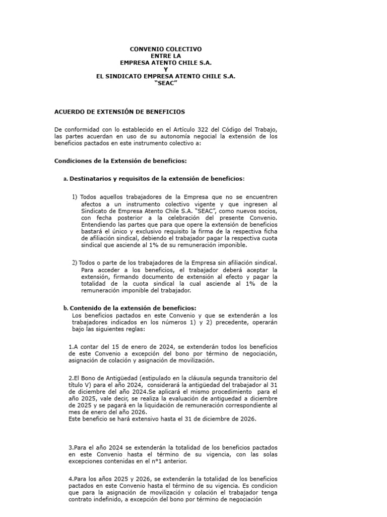 Convenio Beneficios Atento Chile 2024 | PDF | Salario | Business