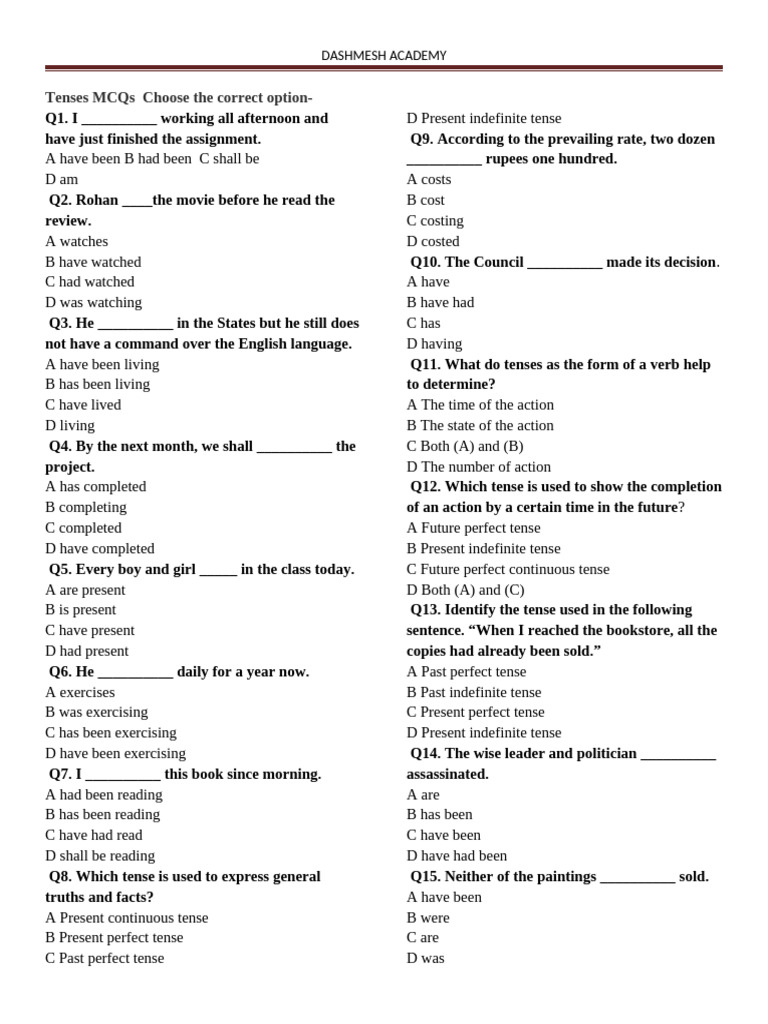 Tenses MCQs | PDF | Grammatical Tense | Verb