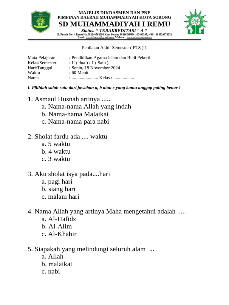 Soal UAS 1 Kelas 2 2024 | PDF | Karier & Perkembangan