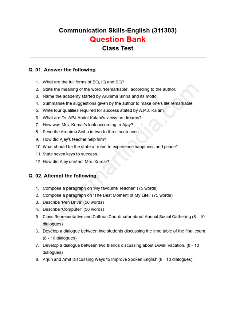 Communication Skills Test 01 Question Bank 1 | PDF | Semantics ...