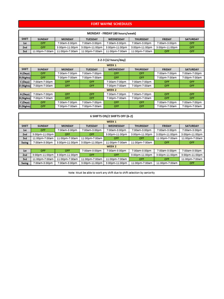 Fort Wayne Schedules | PDF