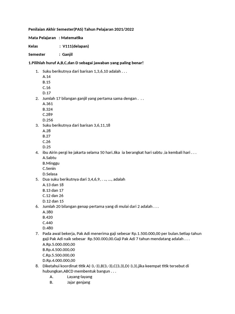 Soal Pas Ganjil Kelas 8 TP 2021 | PDF Soal Pas Ganjil Kelas 8 TP 2021 | PDF
