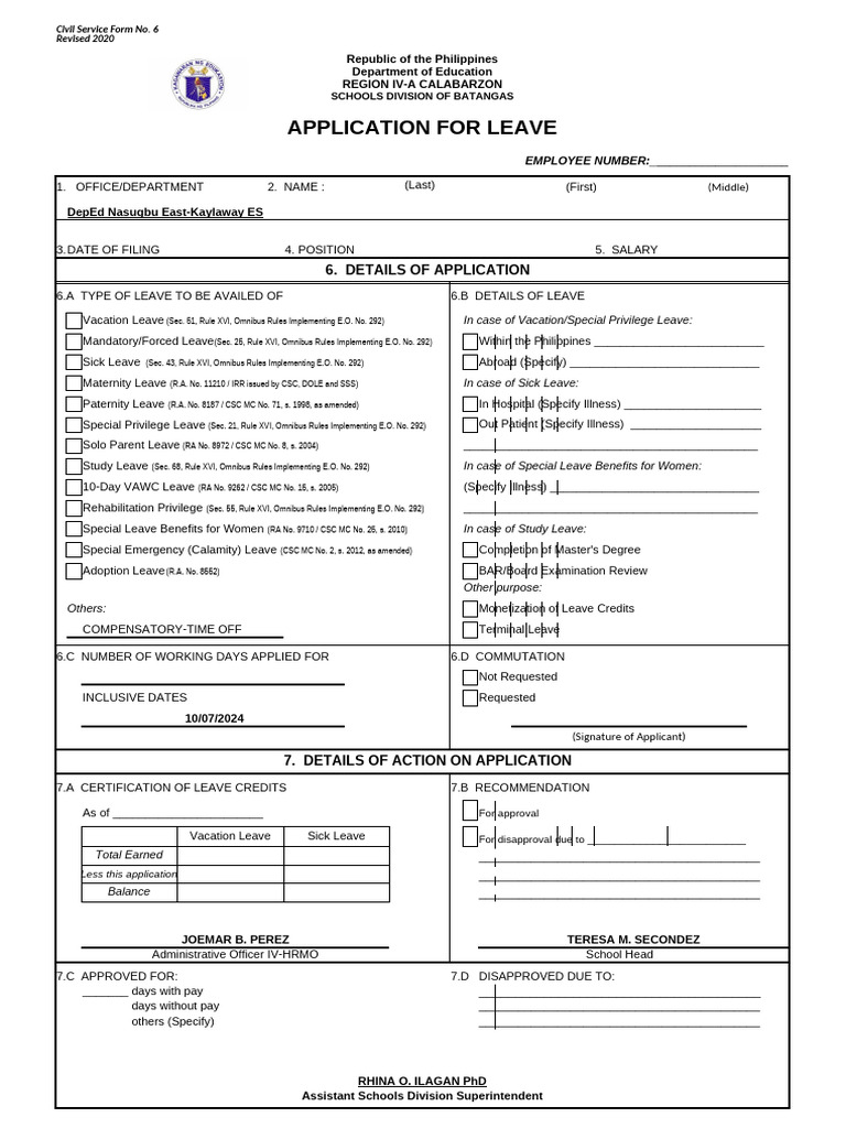 CS Form No. 6 Revised 2020 Application For Leave Fillable 2024 TEACHING AND NON TEACHING | PDF