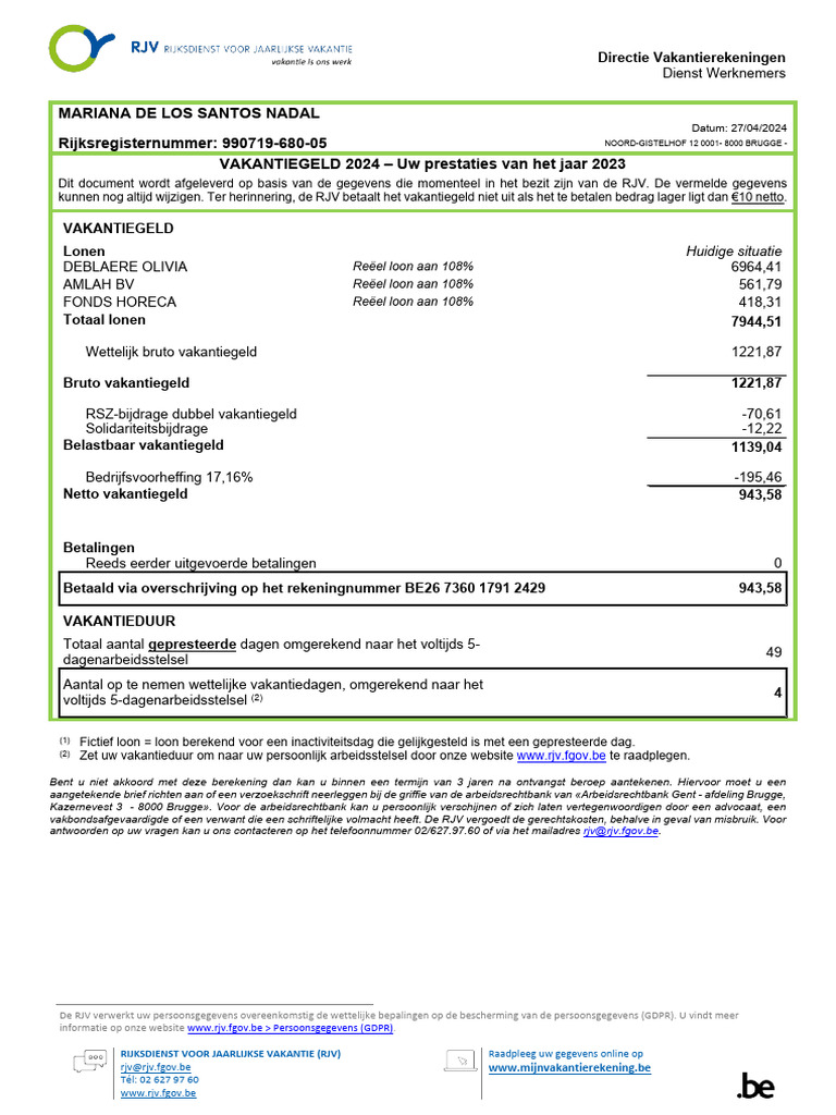 Mariana de Los Santos Nadal Rijksregisternummer: 990719-680-05 VAKANTIEGELD 2024 - Uw Prestaties ...