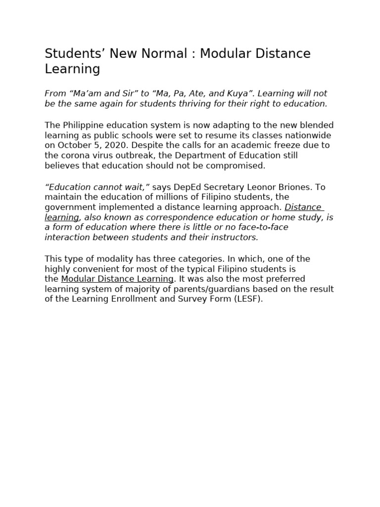 Students' New Normal: Modular Distance Learning | PDF | Wellness