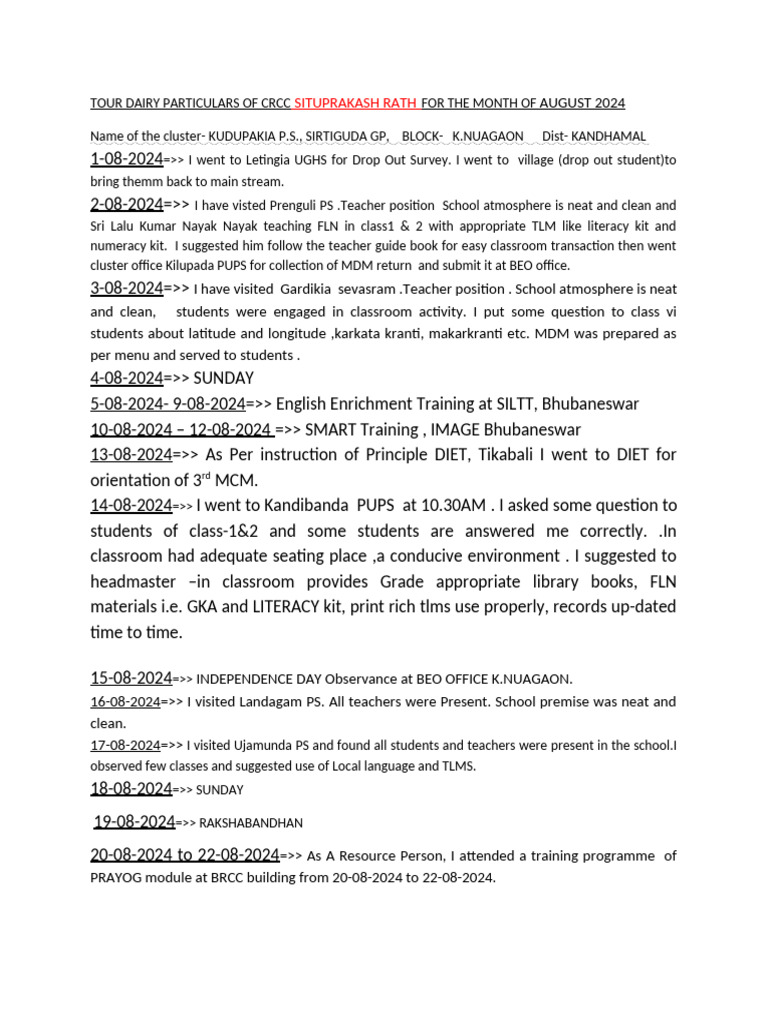 Tour Particular of Crcc-Aug 2024 | PDF | Human Communication | Learning