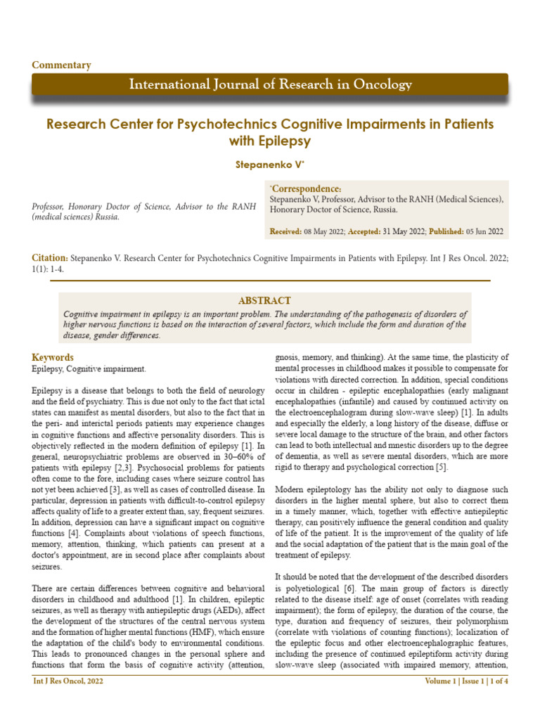 Cognitive Impairments in Patients With Epilepsy | PDF | Epilepsy ...