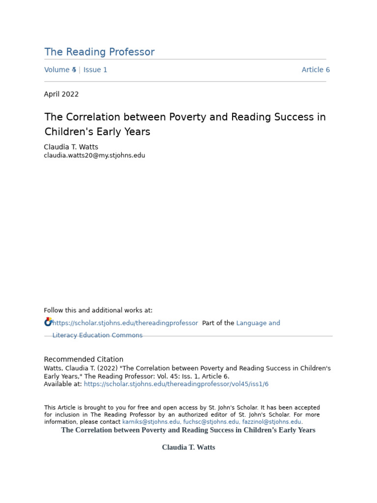 Poverty's Impact on Early Reading Success | PDF | Poverty | Poverty ...