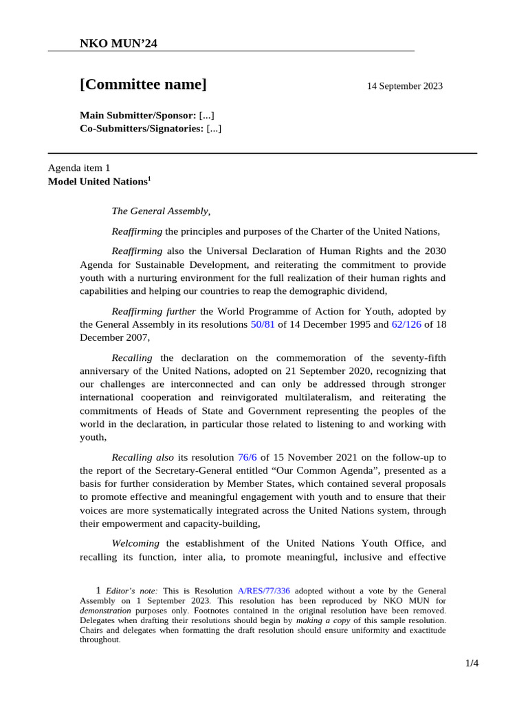 (NKO MUN'24) 3ACSCW - Sample DR (A - RES - 77 - 336) | PDF | United ...