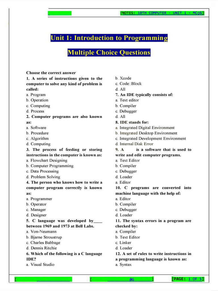 10th Computer Ch1 MCQs | PDF | Reserved Word | Computer Program