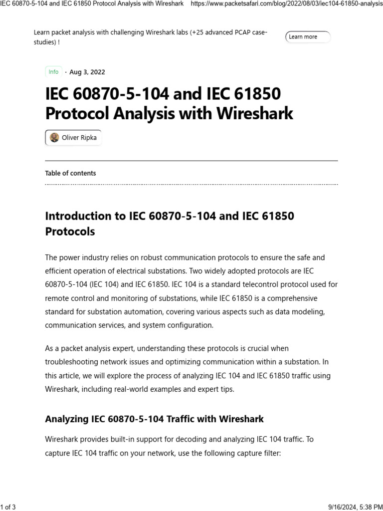 Iec 60870 5 104 And Iec 61850 Protocol Analysis With Wireshark Pdf Computer Network 
