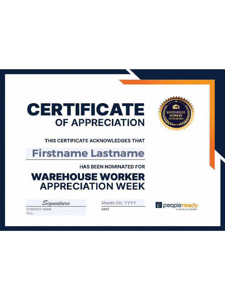 Warehouse Worker Certificate of Appreciation 1 | PDF
