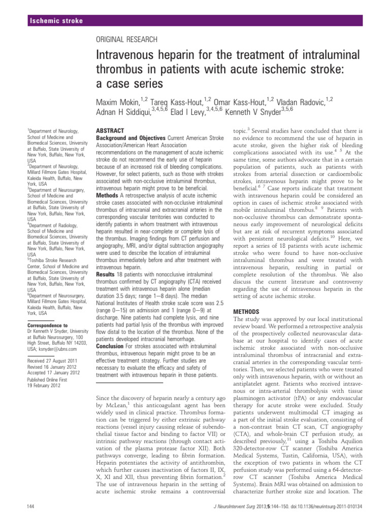Intravenous Heparin For The Treatment of Intraluminal Thrombus in ...