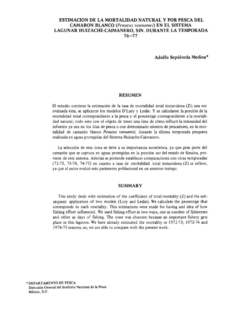 CP01-08 Estimaci N de La Mortalidad Del Camar N Blanco Penaeus Vanname ...