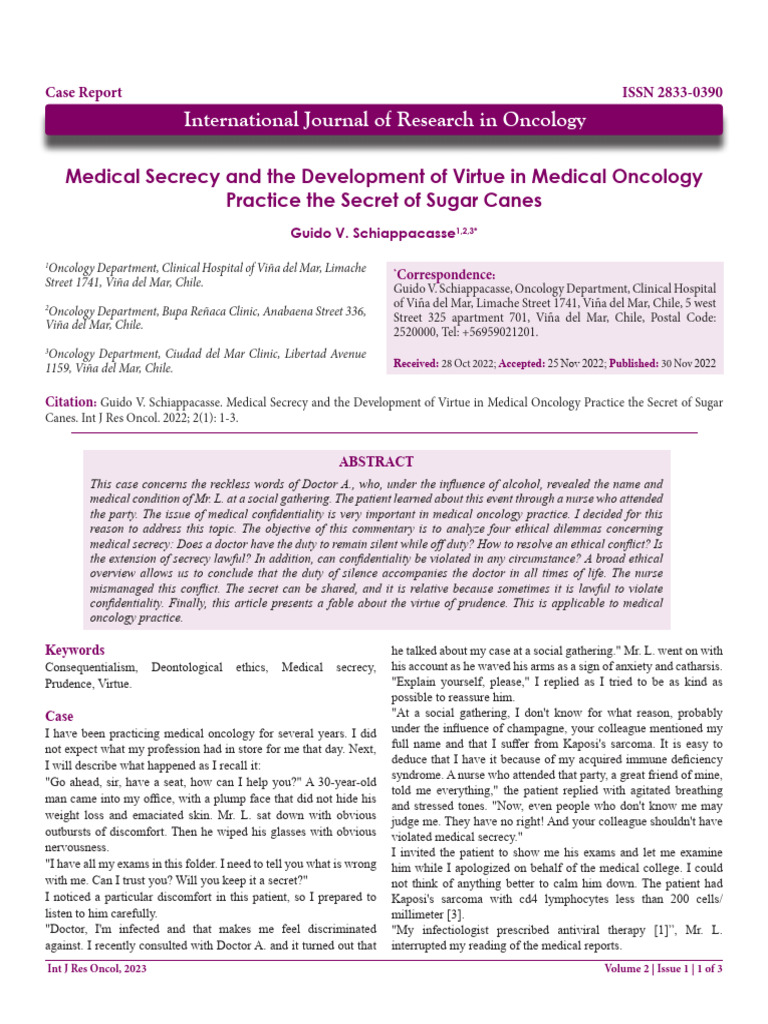 Medical Secrecy and The Development of Virtue in Medical Oncology ...