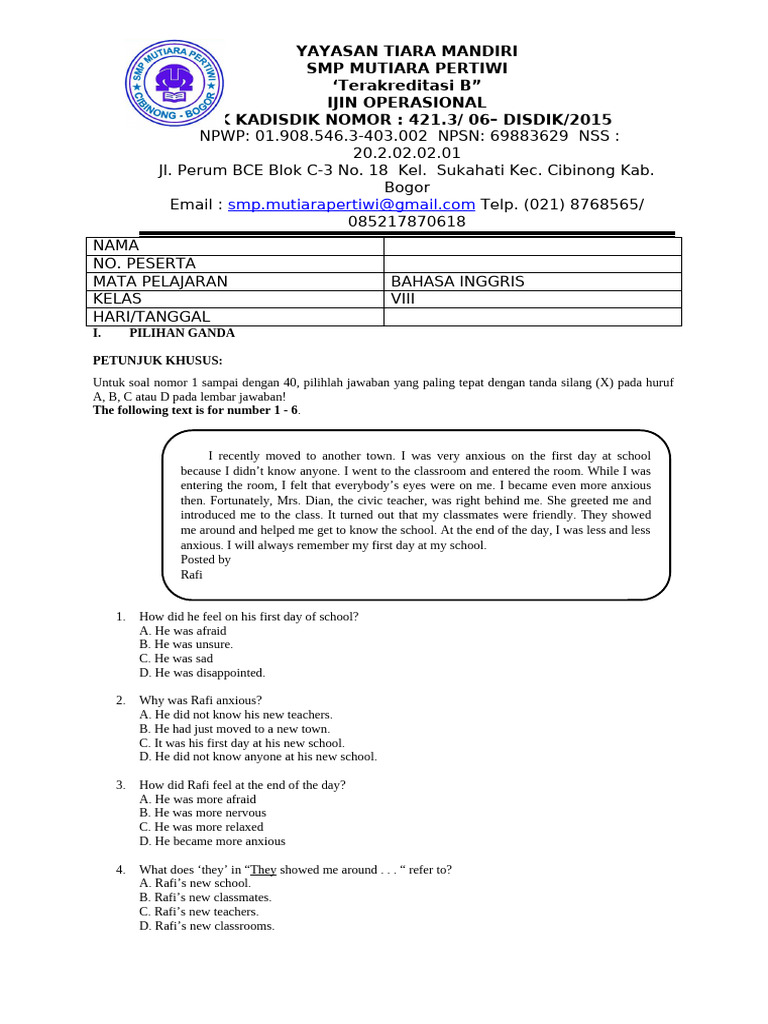 Kelas 8 - Soal Pat Bahasa Inggris | PDF