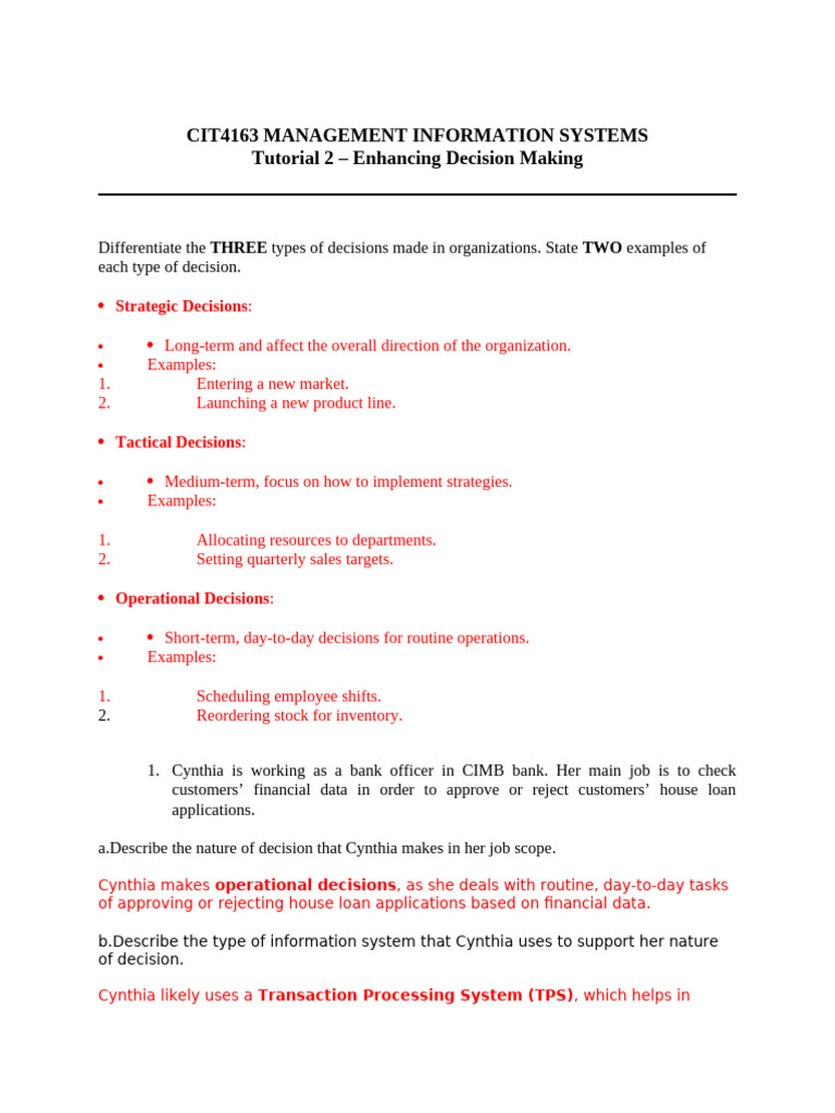 Tutorial 2 Enhancing Decision Making Pdf Business