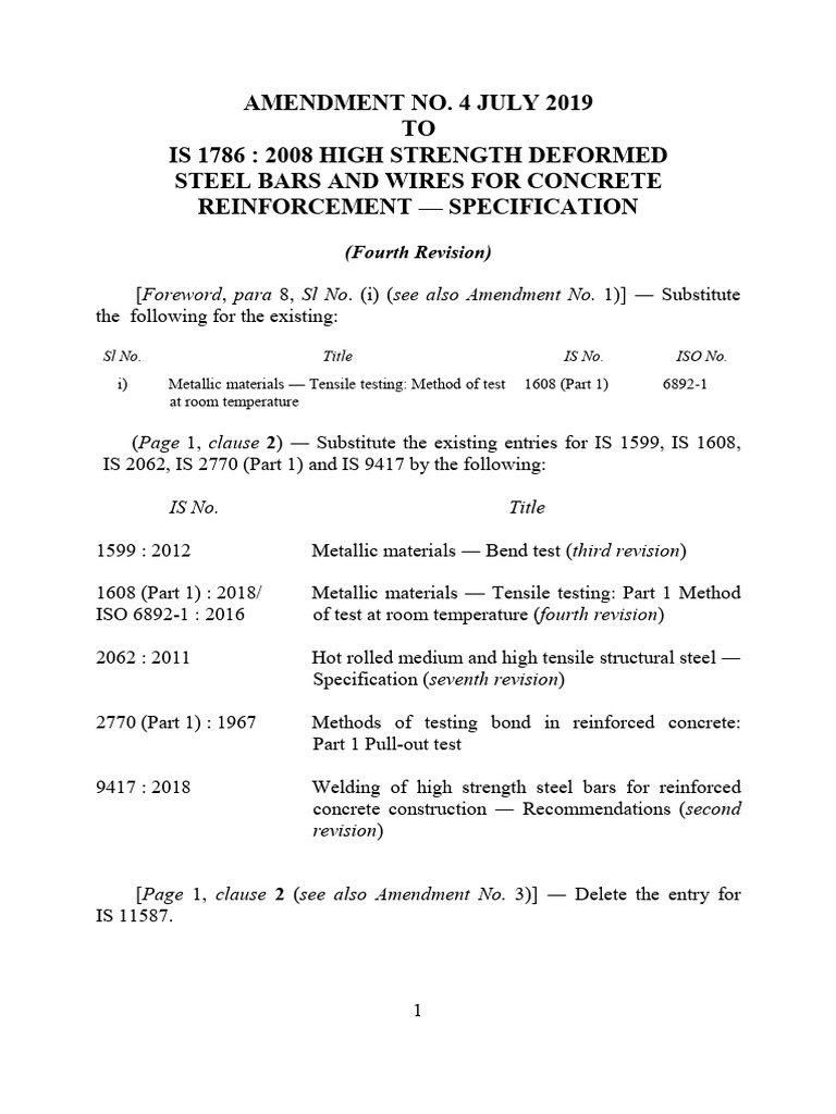 Amendment No. 4 July 2019 TO Is 1786: 2008 High Strength Deformed Steel Bars and Wires For ...