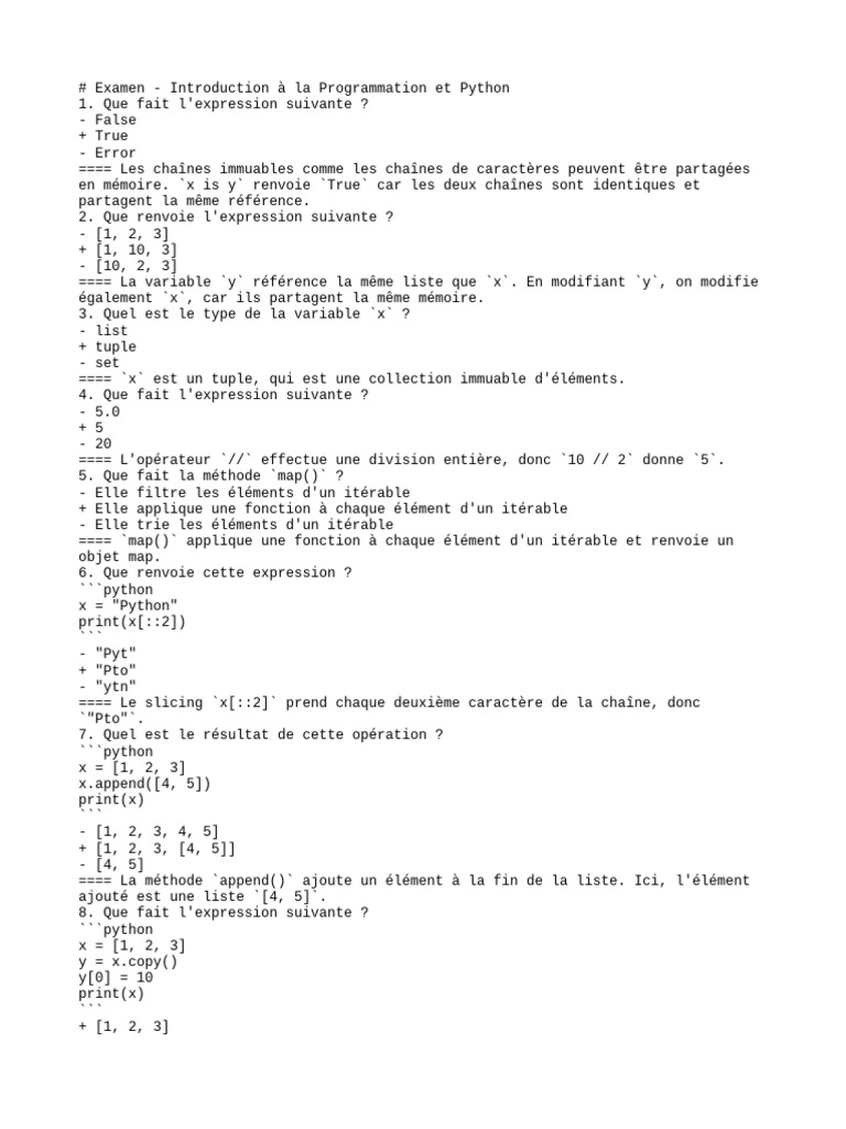 Examen Python - QCM - Révision - Level 2 | PDF | Structure de contrôle | Python (Langage de ...