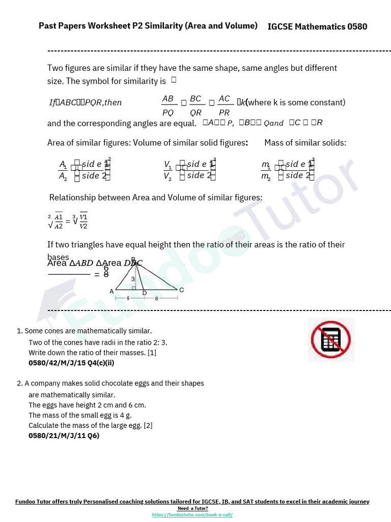 IGCSE Math 0580 Similarity Volume and Area Past Papers Worksheet P2 ...