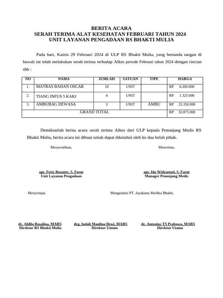 Berita Acara Serah Terima Alkes 2024 | PDF