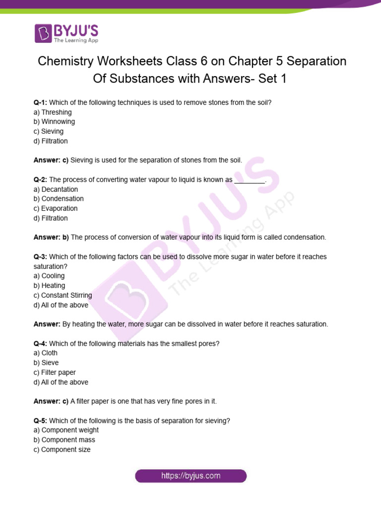 Chemistry Worksheets Class 6 On Chapter 5 Separation of Substances With ...