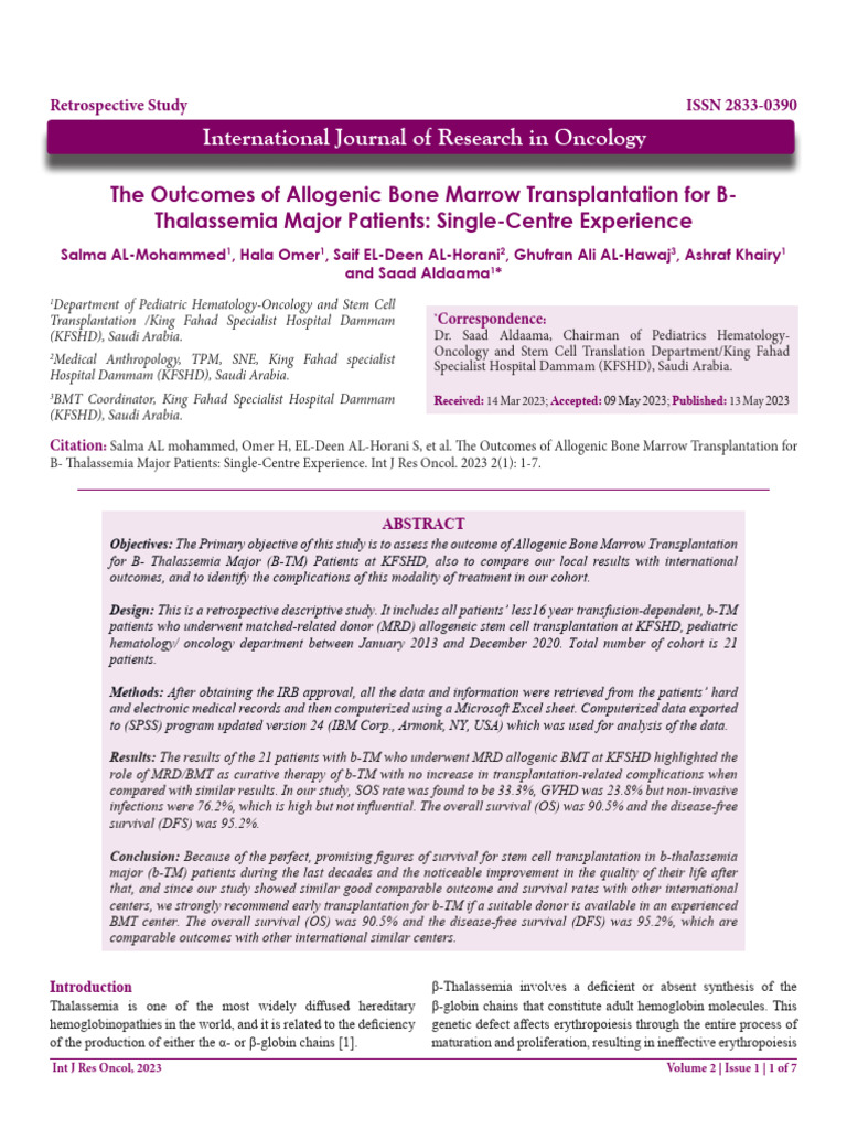 The Outcomes of Allogenic Bone Marrow Transplantation For Bthalassemia ...