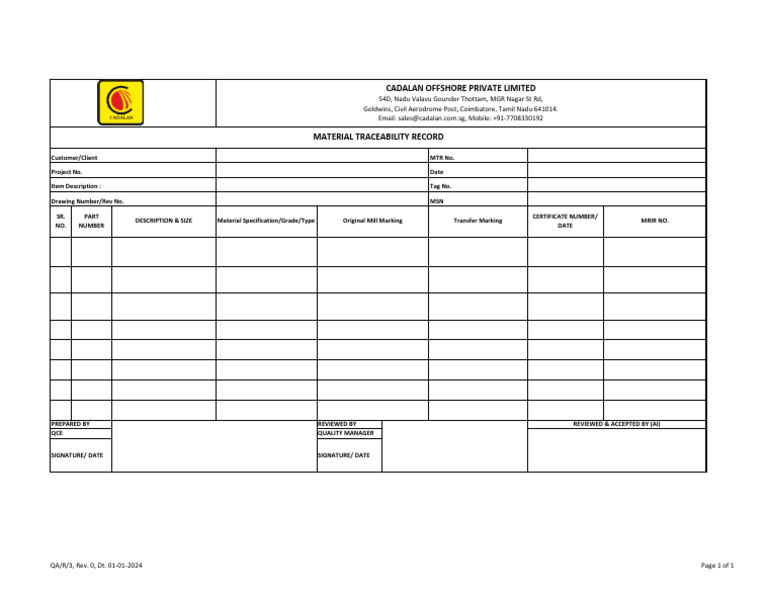 Material Traceability Record | PDF