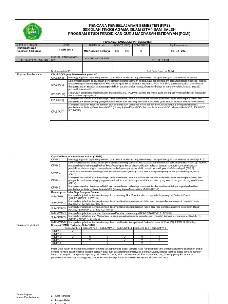 Rencana Pembelajaran Semester Matematika 2 Iii | PDF
