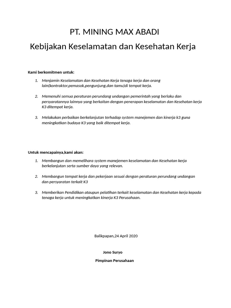 Pt. Mining Max Abadi Kebijakan Keselamatan Dan Kesehatan Kerja | PDF ...