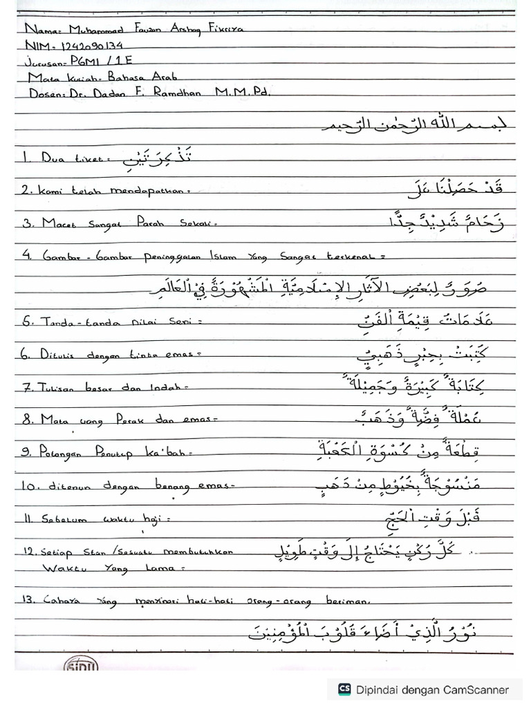 Tugas Mandiri Bahasa Arab (Muhammad Fauzan Arshaq Fikriya) PGMI Kelas 1E | PDF