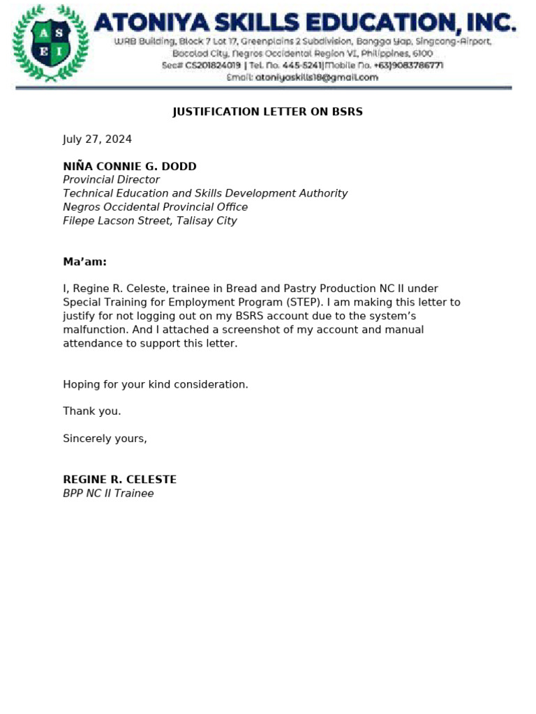 Justification Letter for BSRS Login Issue | PDF