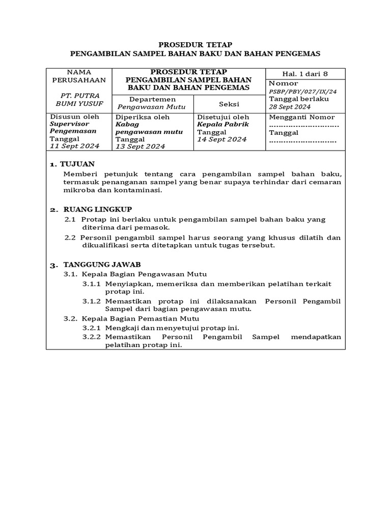 Prosedur Pengambilan Sampel Bahan Baku | PDF