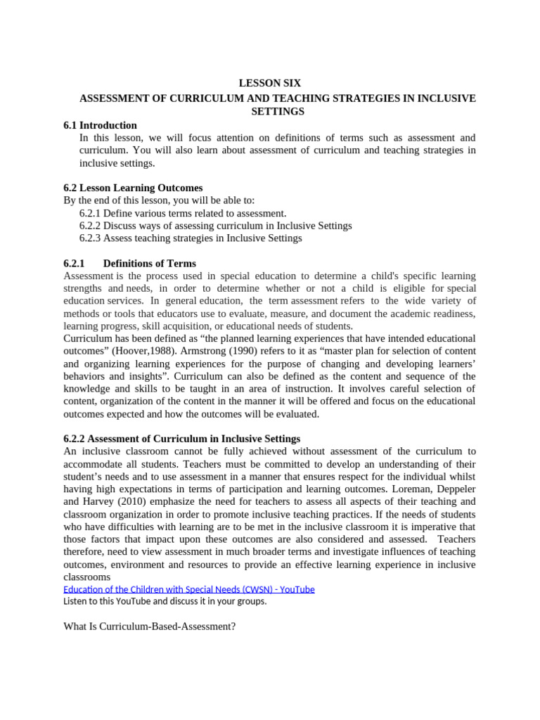 Edu 210 Lesson Six | PDF | Educational Assessment | Inclusion (Education)