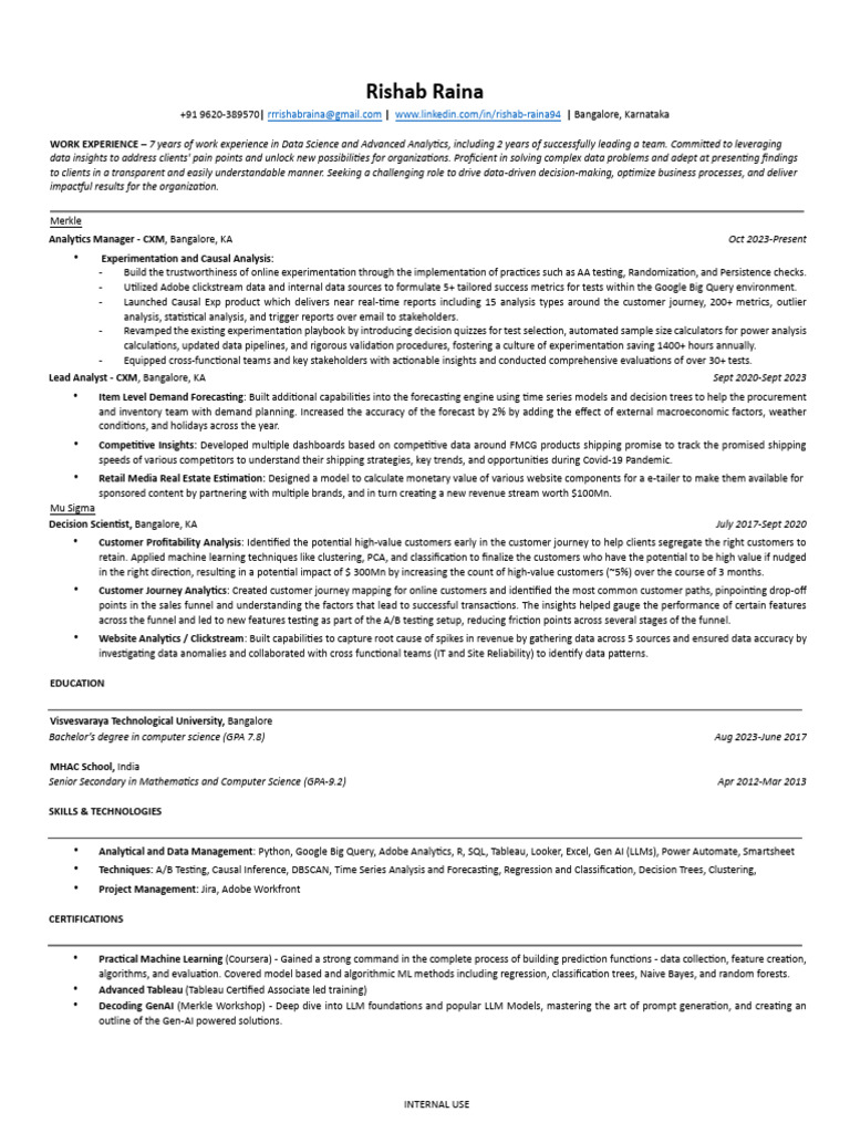 Rishab - Raina Resume .PDF-1 | PDF | Analytics | Machine Learning