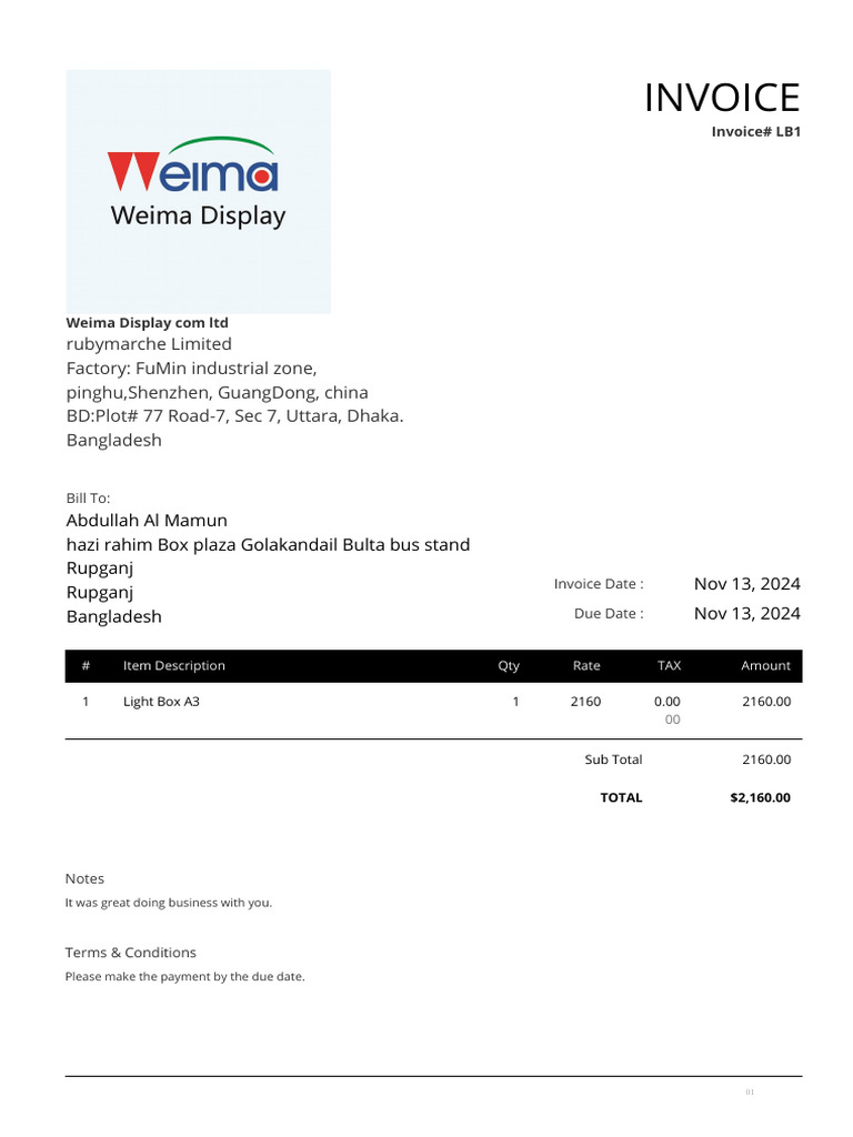 Invoice LB1 for Abdullah Al Mamun | PDF